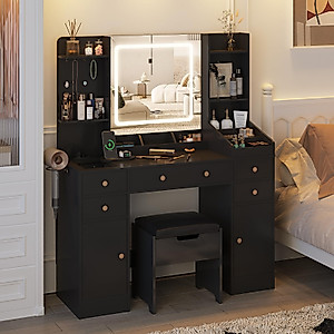 Fameill Black Makeup Vanity with 10 Lights & Power Outlets, Big Vanity with 3 Storage Compartments, Vintage Vanity Set with Large Drawers and Storage Cabinet, 45in