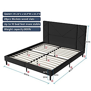 Flolinda Queen Bed Frame Stylish Upholstered Bed Frame Queen Size Platform with Tufted Velvet Headboard Stable Queen Size Bed Frame with 28pcs slats 10 Bed feet Queen Bed Frame no Box Spring Needed