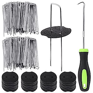 Glarks 201Pcs Garden Stakes Staples Kit, 100Pcs 6 Inch U-Shaped Landscape Staples, 100Pcs Fixing Gasket with 1Pc Pick Hook for Weed Barrier Fabric, Ground Cover, Holding Fence and Artificial Turf