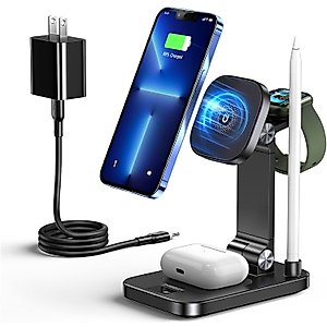 Wireless Charging Station for iPhone, 4 in 1 Fast Wireless Charger Stand with USB C Adapter Compatible with iPhone 16/15/14/13/12 Pro Max/Plus, Airpods, iWatch 5/SE/6/7/8, iPad Pencil 1st Generation