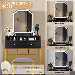 VOWNER Makeup Vanity Desk with Lighted Mirror, 3 Color Dimmable Vanity Table Set for Bedroom with Power Outlet, Drawer & Cushioned Stool, Black, VOWNER-172