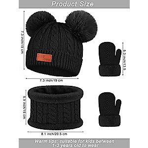 Cooraby 3 Pieces Toddler Winter Knitted Hat Scarf Gloves Set Knit Fleece Lined Thermal Set for Boys Girls, Black