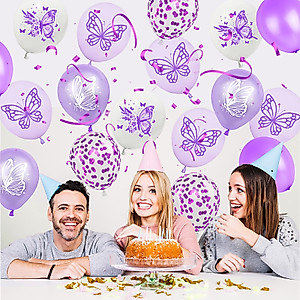 Butterfly Balloons, 12 Inches Butterfly Print Purple and White Latex Balloons Butterfly Patterns for Girls Women Weeding Baby Shower Birthday Party Decorations Activities Graduation