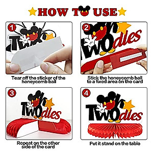 LINGTEER Mickey Oh Twodles Table Honeycomb Centerpieces - Cheers to Kids 2nd Birthday Two Years Old Mouse Themed Bday Party Decorations Sign.