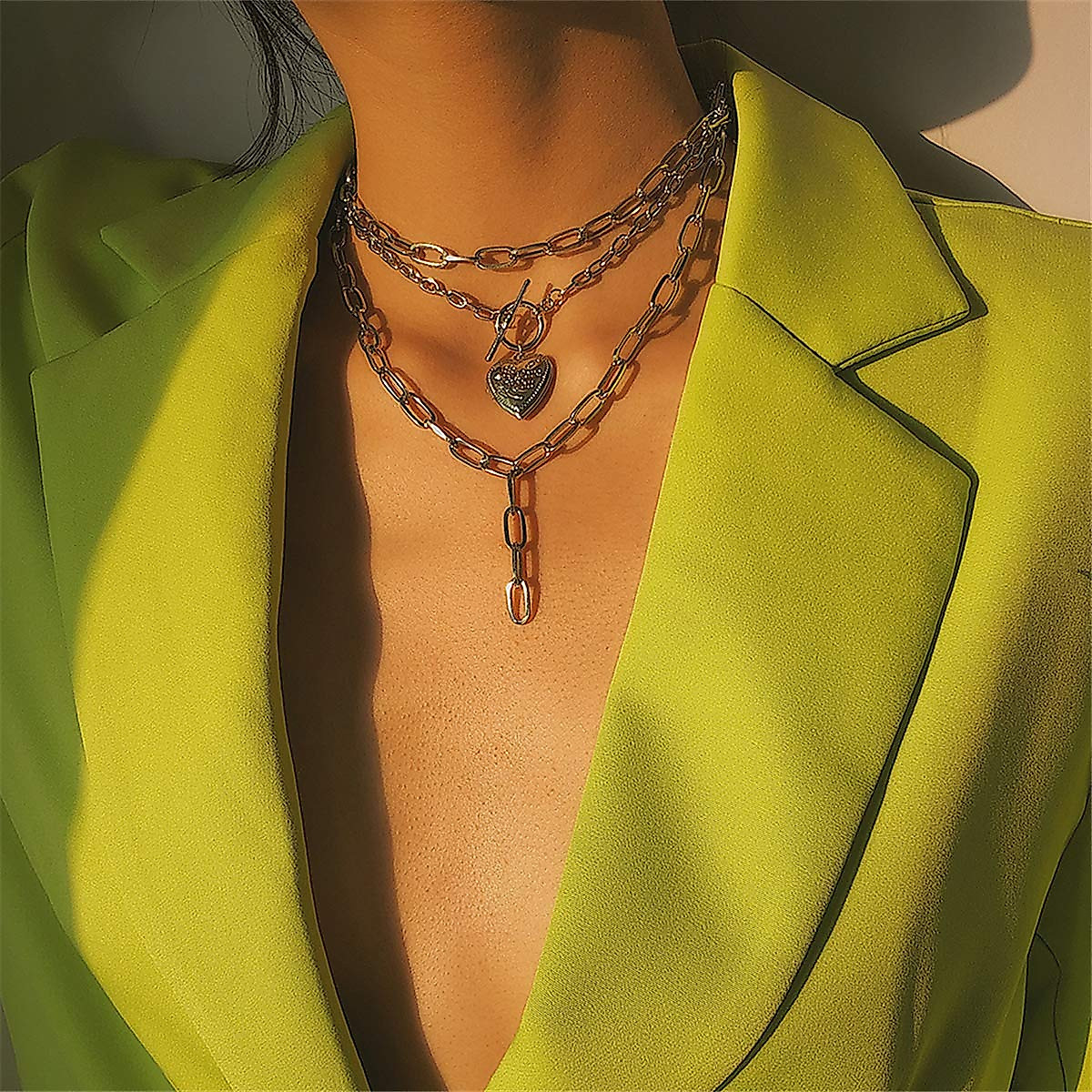 Ingemark Statement Cool Punk Chunky Chain Toggle Necklace for Women Heart Shaped Photo Locket Pendant Layered Heart Locket Necklace (Style 3 Silver)