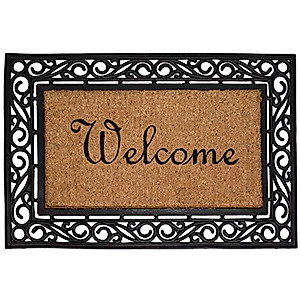 BirdRock Home Classic Welcome Brush Coir Doormat with Black Rubber Scroll Border, 24 x 36 Inch - Elegant Design