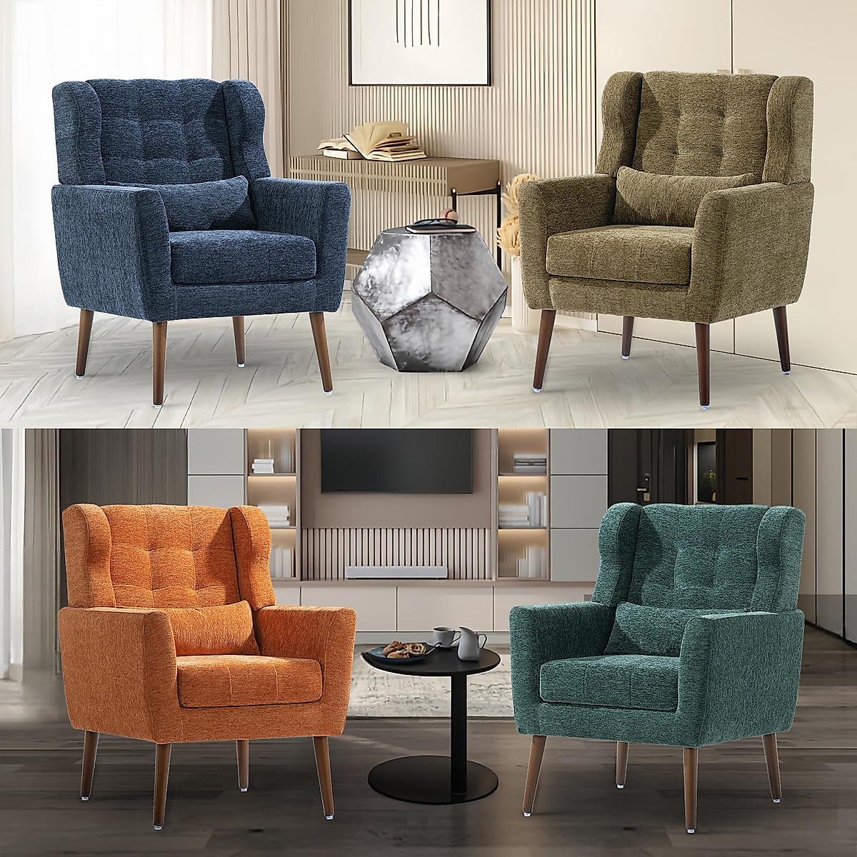 cinkehome Accent Arm Chairs for Living Room, Chenille Upholstered Mordern Armchair, Comfy Soft Padded Lounge Chair in Small Spaces, Bedroom, Pillow, Solid Wood Leg, Olive Green