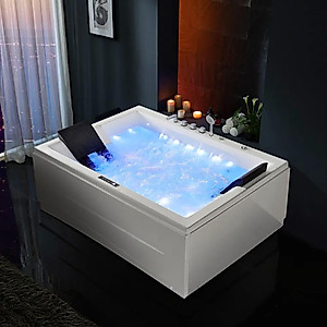 Weibath 71" LED Bathtub Modern Acrylic Corner Bathtub Whirlpool Air Massage 3 Sided Apron Soaking Tub in White Chromatherapy LED