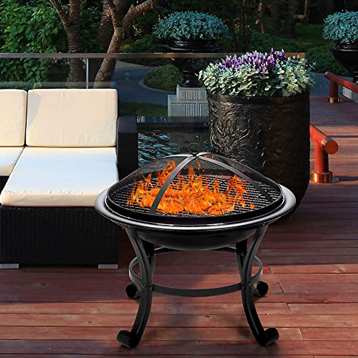 DORTALA 22” Steel Fire Pit, Wood Burning Fire Pit w/Round Mesh Spark Screen Cover, Poker and 2 Grate, Steel Fire Pit Bowl w/Grilling Grate Handle Bonfire Patio Backyard Black