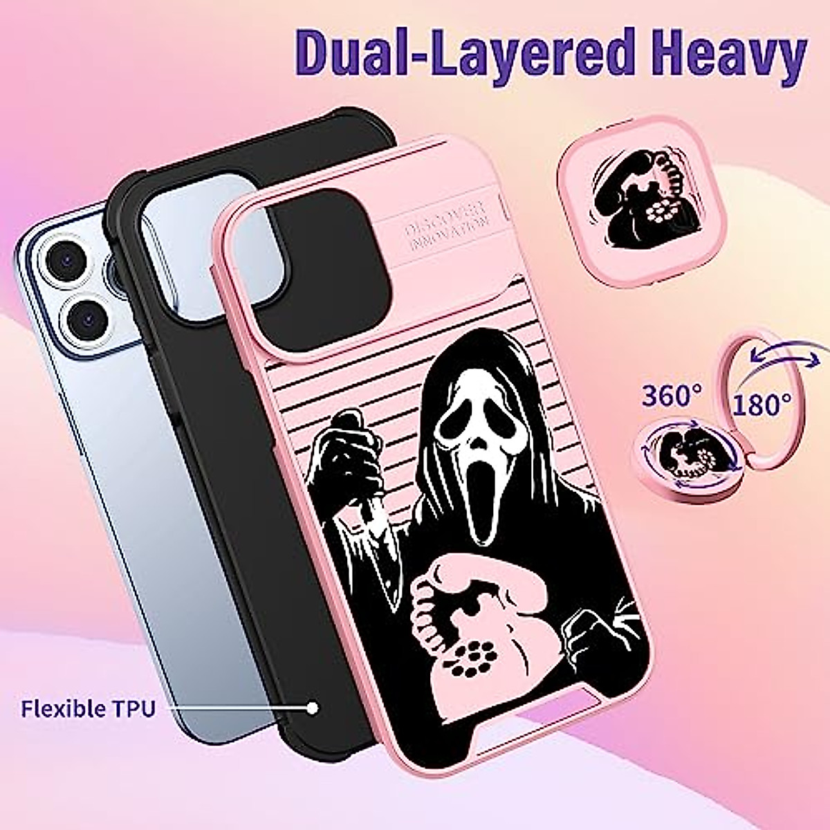 oqpa for iPhone 13 Pro Max Phone Case Cute Cartoon Phone Case for Women Girly Girl Cool Kawaii Funny 13 ProMax Case with Camera Cover+Ring Holder for Apple iPhone 13 Pro Max 6.7'', Telephone Skull