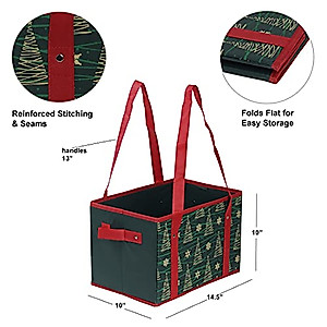 Reusable Grocery Bags Set Shopping Box with Reinforced Bottom Heavy Duty Premium Collapsible Foldable with Long Handles Xmas Chrismas Holiday Design Storage Boxes (Set of 3)