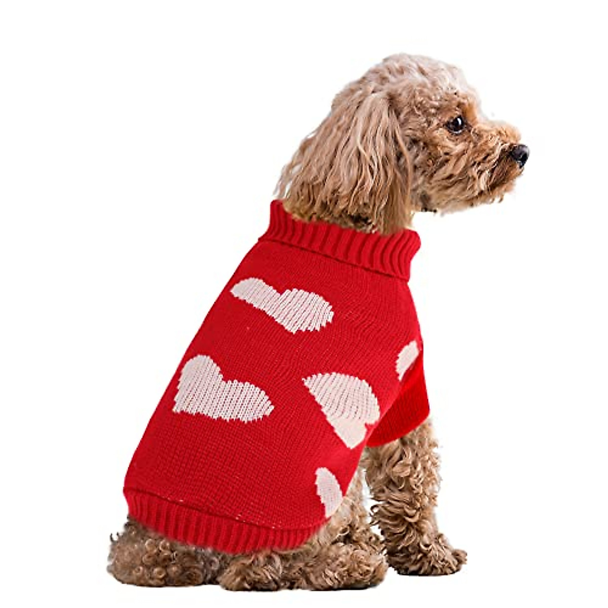 Queenmore Knit Sweater for Dogs, Turtleneck High Elastic Heart Pattern Festival Knitwear with Hind Leg Strings for Small and Medium Dogs (Red, XS)