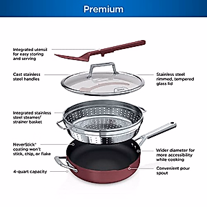 Ninja CW102RD Foodi NeverStick PossiblePan, Premium Set with 4-Quart Capacity Pan, Steamer/Strainer Basket, Glass Lid & Integrated Spatula, Nonstick, Durable & Oven Safe to 500°F, Cherry Tart