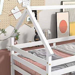 MERITLINE Bunk Bed Twin Over Twin for Kids, Wooden Tree House Bunk Beds with Ladder and Safety Guardrail, Floor Bunk Bed for Toddlers/Girls/Boys, White