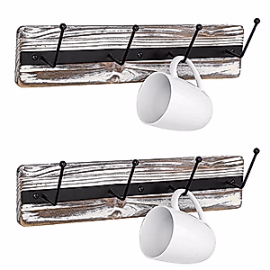 MyGift Wall Mounted Torched Solid Wood Coffee Mug Holder Rack with 4 Hooks, Wall Hanging Coffee Bar Mug and Cup Rack, Set of 2