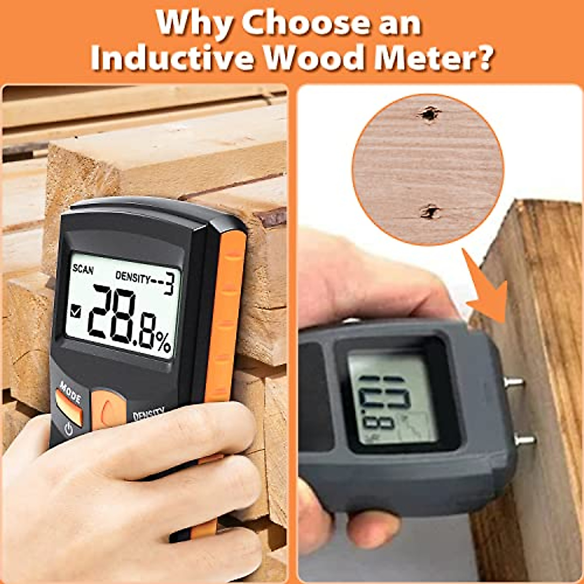 Dr.meter Pinless Wood Moisture Meter, Upgraded Version Inductive Pinless Tools Intelligent Moisture Meter Digital Moisture Meter for Wood (Range 4% - 80% RH; Accuracy: 0.5%), MD918