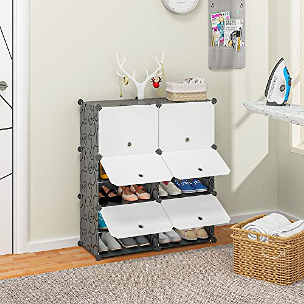 Aeitc Shoe Rack Organizer DIY Shoe Organizer with Key Hook Expandable Shoe Storage Cabinet Stackable Space Saver Shoe Rack for Entryway, Hallway and Closet,24 Pair,white doors