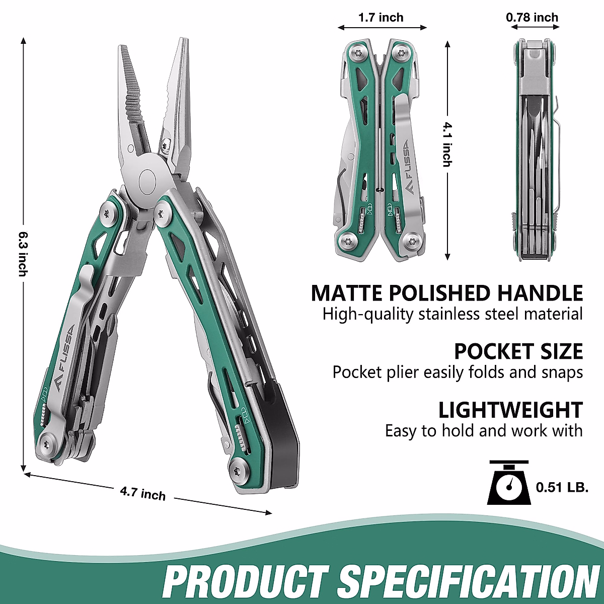 FLISSA Multi Tool Pliers, Green 16 in 1 Stainless Steel Multipurpose tool with Tactical Multitool Knife, Screwdrivers, Saw, Bottle Opener and Durable Sheath, Essential Gear for Outdoor Adventures