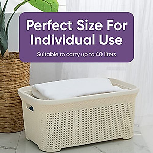 Plastic Laundry Basket Small Storage Hamper Basket, 2 Pack Cream Cloths Basket Organizer with Cut-Out Handles. Space Saving for Laundry Room Bedroom Bathroom, Knit Design 40 Liter.