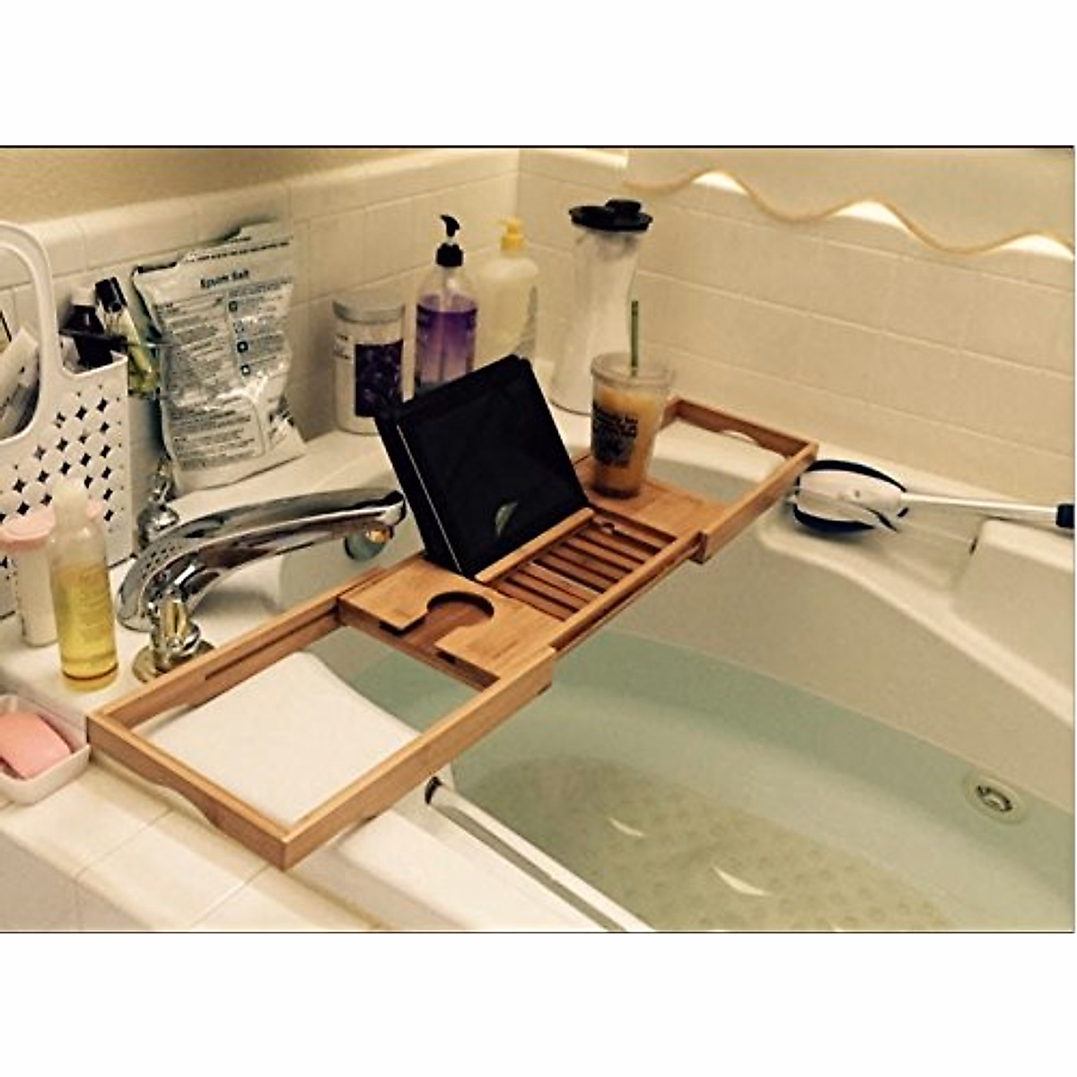Bamboo Bathtub Tray - Wood Bath Caddy with Book, Phone, or Tablet Rest, Cup Holder, and Extended Sides for Bath Accessories by Home-Complete (Natural)