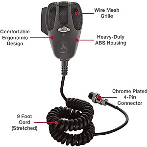 Cobra HG M77 Premium Replacement Noise Canceling CB Microphone (Black) – 4 Pin Connector, 9 Foot Cord, Heavy Duty ABS Shell, Wire Mesh Grille, Left Side Push To Talk, Chrome Connector