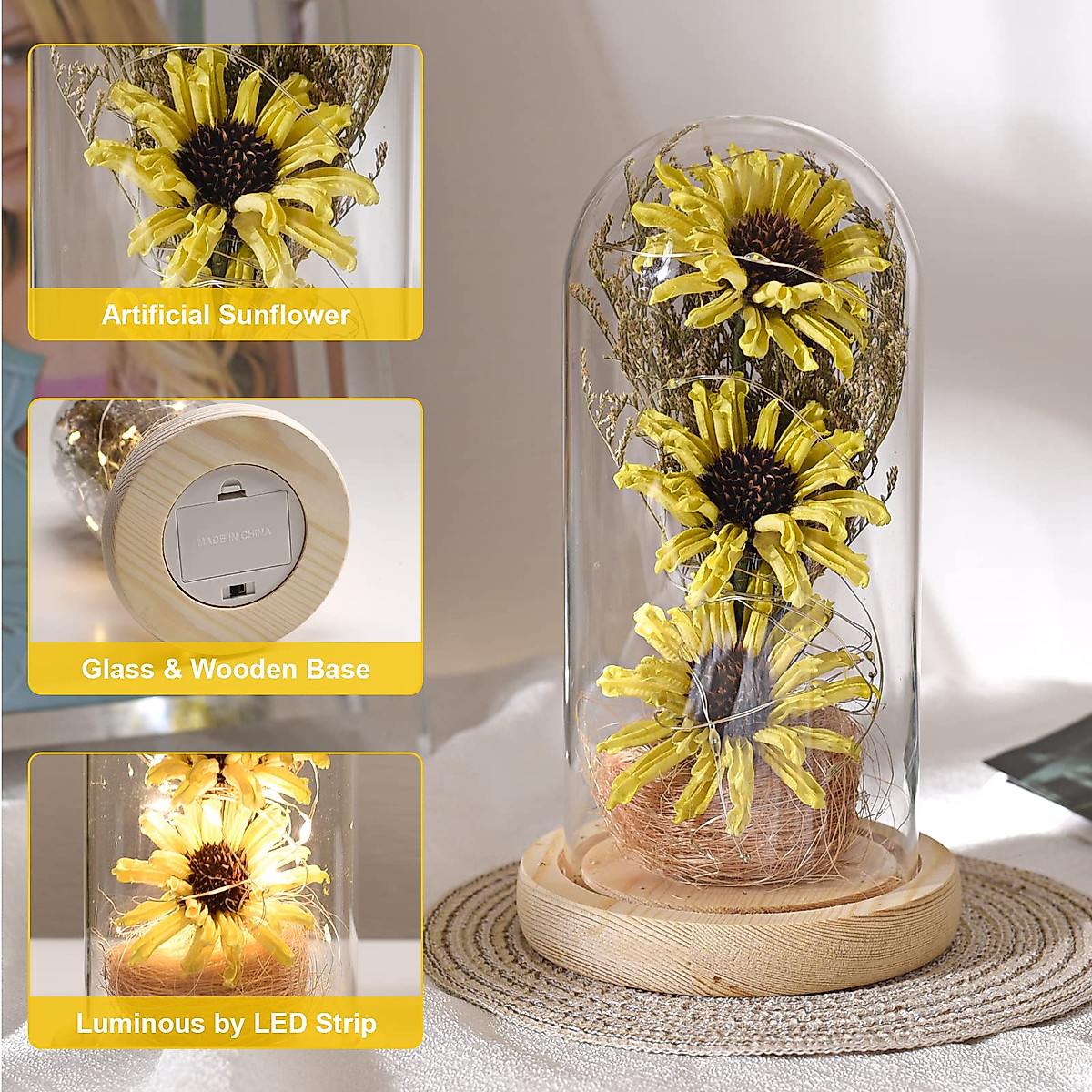Sunflower Gifts for Women, Sunflowers Artificial Flowers in Glass Dome with LED Strip, Birthday Gifts for Mom & Grandma, Sunflower Decor on Mother's Day, Christmas, Valentine's Day (Yellow)