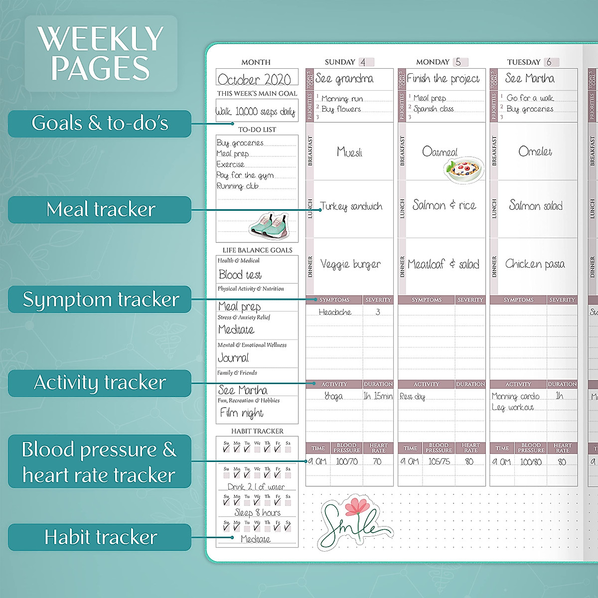Legend Medical Planner – 12-Month Health Tracker Journal to Track Meals, Symptoms, Blood Pressure, Lab Test Results – Med & Wellness Notebook for Daily Self-Care & Health Goals (Turquoise)