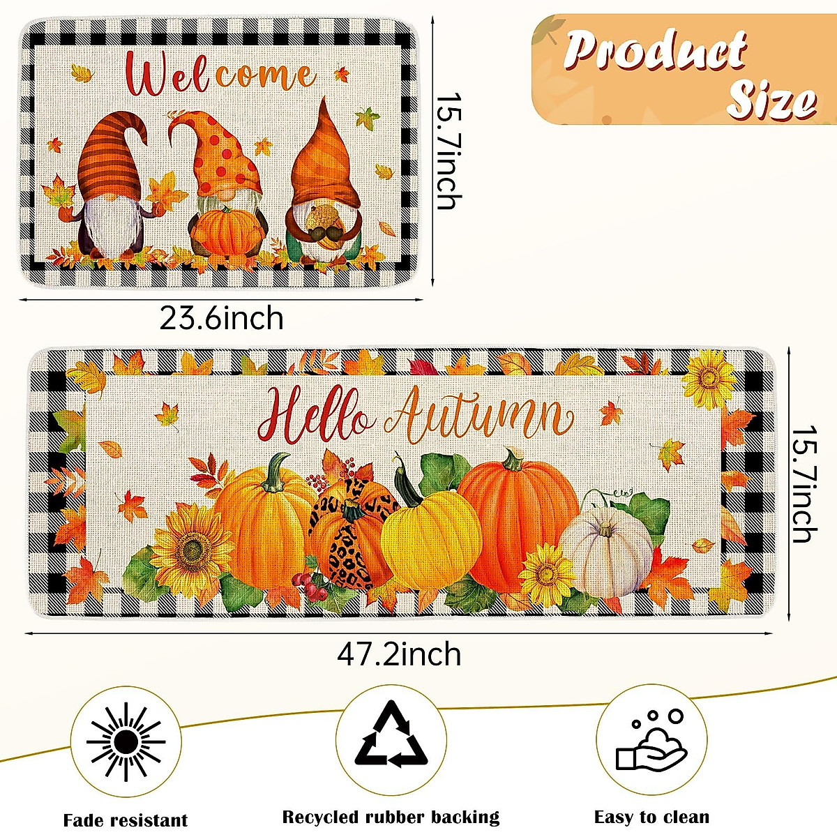 Svepndic Set of 2 Fall Decorative Kitchen and Mats,Hello Fall Pumpkin Maple Leaves Kitchen Rugs,Buffalo Plaid Autumn Non-Slip Doormats for Outdoor Indoor Thanksgiving Kitchen Decor