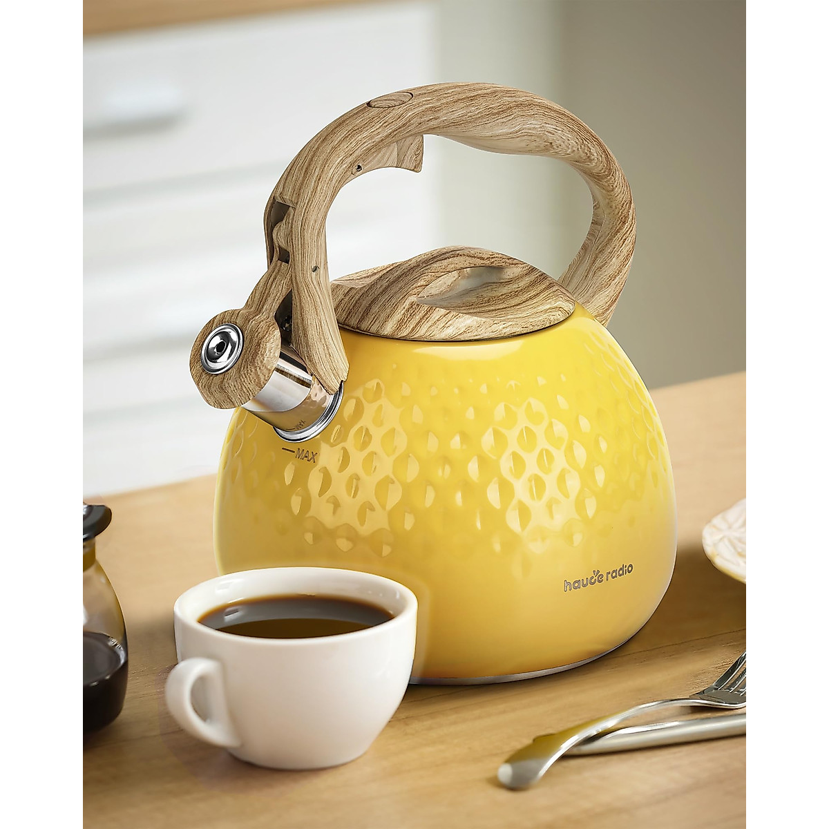 Tea Kettle, Stovetop Teapot, 2.5 Quart, Loud Whistle, Food Grade Stainless Steel and Smooth Wood Pattern Handle, Sophisticated Look for Hiking, Picnic, for Tea, Coffee, (Yellow)