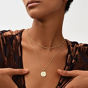 MEVECCO Gold Necklace Coin Disc Zodiac 12 Constellation Taurus Star Engraved Horoscope Sign Astrology Pendant 18K Gold Plated Chain Dainty Personalized Simple Jewelry