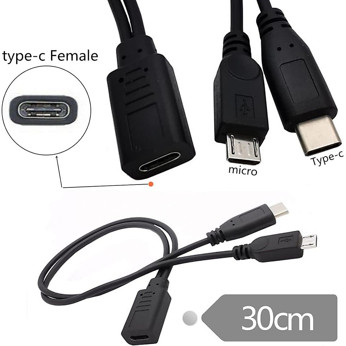 Traovien USB C Splitter Cable, USB Type C Female to Male and Micro USB Male Y Splitter Extension Charge Cable (0.3m/12inch 1Pcs)