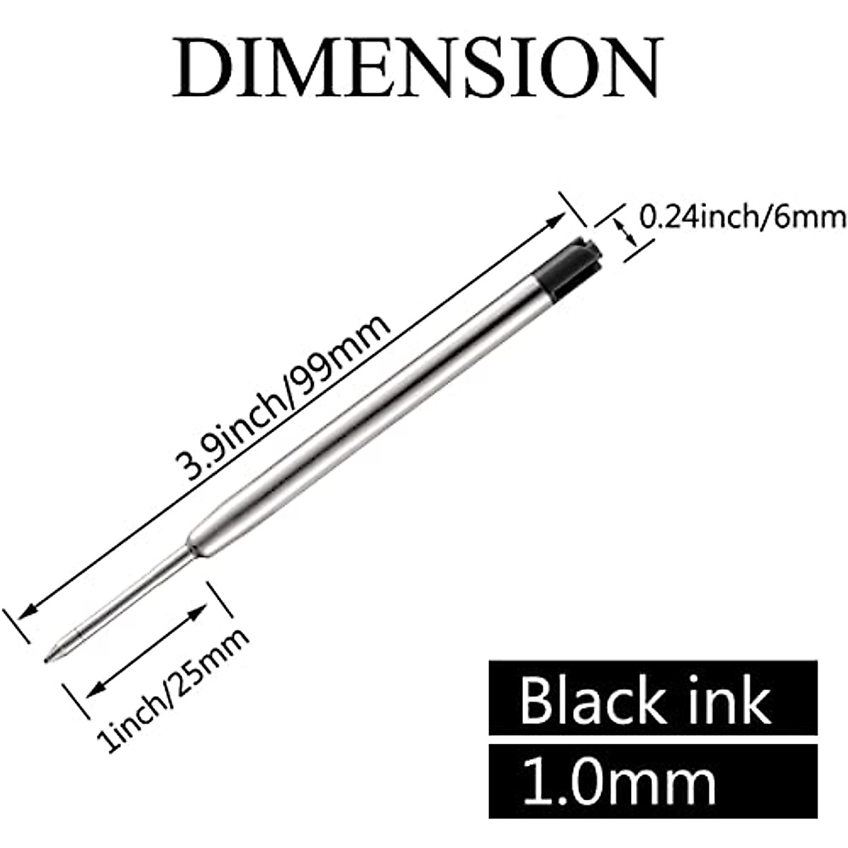 Pen Refills, 3.9in Black Ink Pen Refills 1.0mm Replacement Ink for Ballpoint Pen Parker Pen Tactical Pen (10 Pack)
