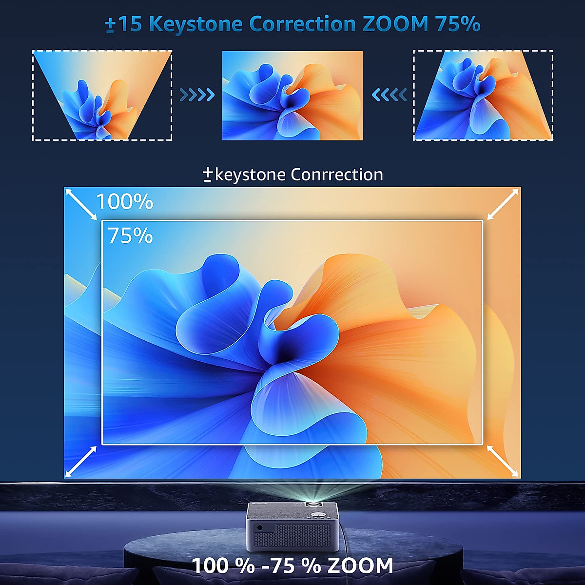 Projector with WiFi and Bluetooth , 5G WiFi, Native 1080P/12000L Video Projector with Screen, 4K Support Outdoor Projector, 350'' Display Phone Projector with Carry Bag for iPhone,TV Stick, Mac