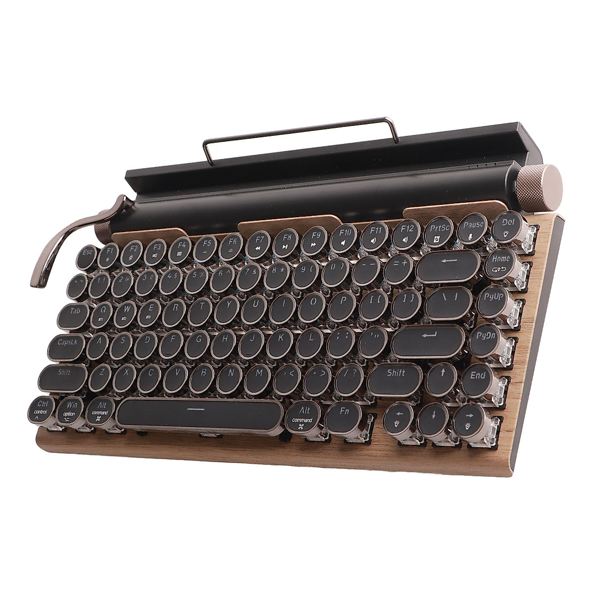 PUSOKEI Retro Typewriter Keyboard, Mechanical Gaming Keyboard, 83 Keys Bluetooth Punk Backlit Keyboard with Blue Switch, Metal Round KeyCap, for PC Laptop Phone (Wood Grain