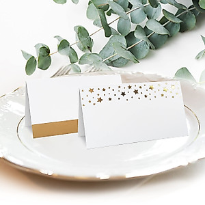 CLEVER SIGNS Gold Place Cards for Wedding or Party, 100 Pack, 2" X 3.5, Double Design, Gold Foil Stars and Line, Scored for Easy Folding, Place Cards for Table Setting, Seating Place Cards for Tables