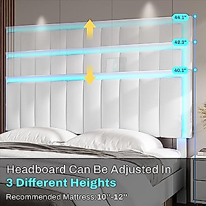 DICTAC King Bed Frame with Led Lights and USB Ports Modern Upholstered Platform Bed Frame with Headboard King Size Faux Leather Led Bed Frame,Wooden Slats, No Box Spring Needed, Easy Assembly, White