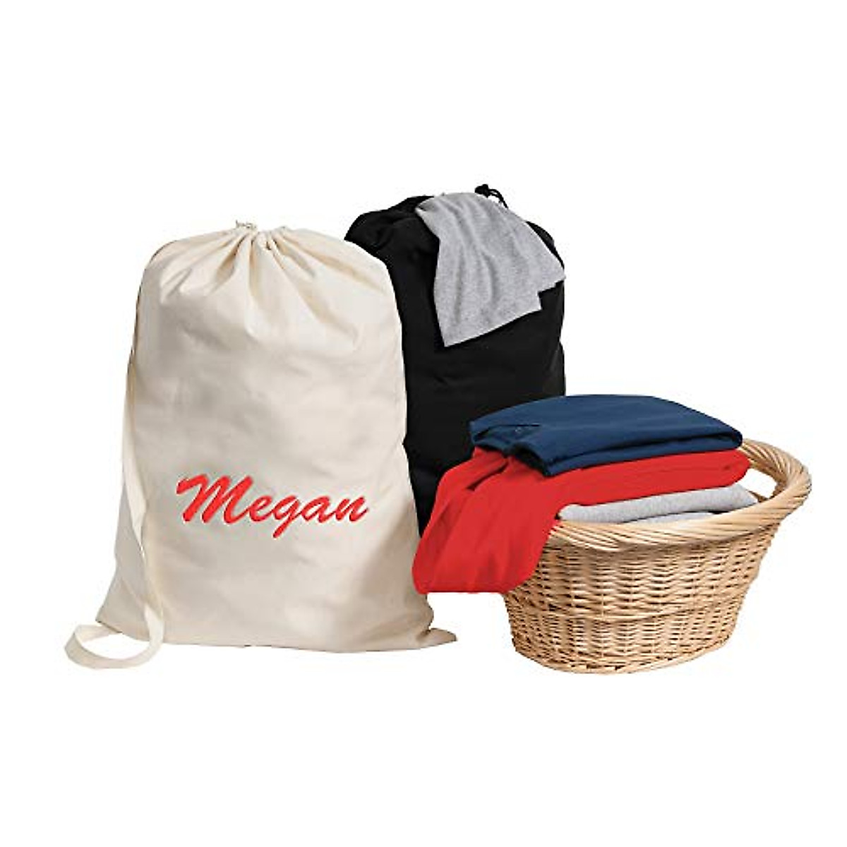 Custom Cotton Laundry Bags - Add Your Embroidered Name or Monogram - Personalized Large Drawstring Washable Hamper Tote for College, Dorms, Bathroom Organizer, Travel
