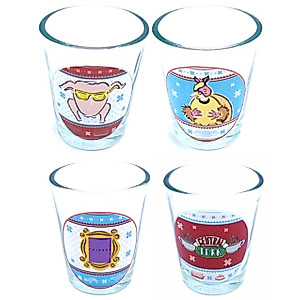 Friends The Television Series Set Of Four Shot Glasses! Featuring The Holiday Armadillo, The Thanksgiving Turkey, Central Perk Logo And Infamous Picture Frame! Fiends TV Show Inspired Glassware Set!