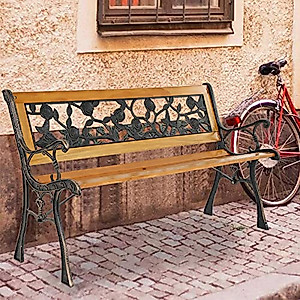 YIQIEDEY Outdoor Garden Bench Park Bench Porch Bench Chair w/Cast Iron & Hardwood Structure, 50" Metal Patio Furniture Weather Proof Loveseat for Backyard Deck Lawn Poolside