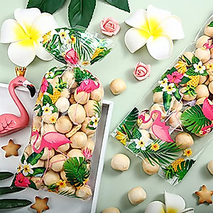 Geyee 100 Pieces Flamingo Cellophane Treat Bags Hawaiian Themed Candy Bags Tropical Pink Flamingos Palm Tree Pineapple Goodie Bags with 100 Pieces Silver Twist Ties for Teens Birthday Party Supplies