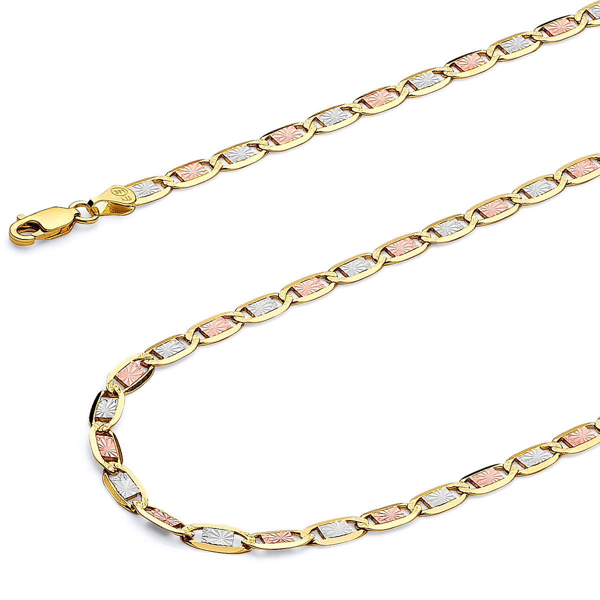 14k REAL Tri Color Gold Solid 3mm Star Diamond Cut Chain Bracelet with Lobster Claw Clasp - 7.5"