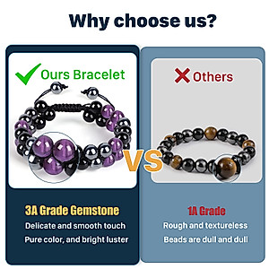Amethyst Bracelet Triple Protection for Women Men, Purple Crystal Stone Bracelet Combine Hematite Black Obsidian, Enhance charisma and luck And Happiness, Handmade Bead Jewelry Bracelet