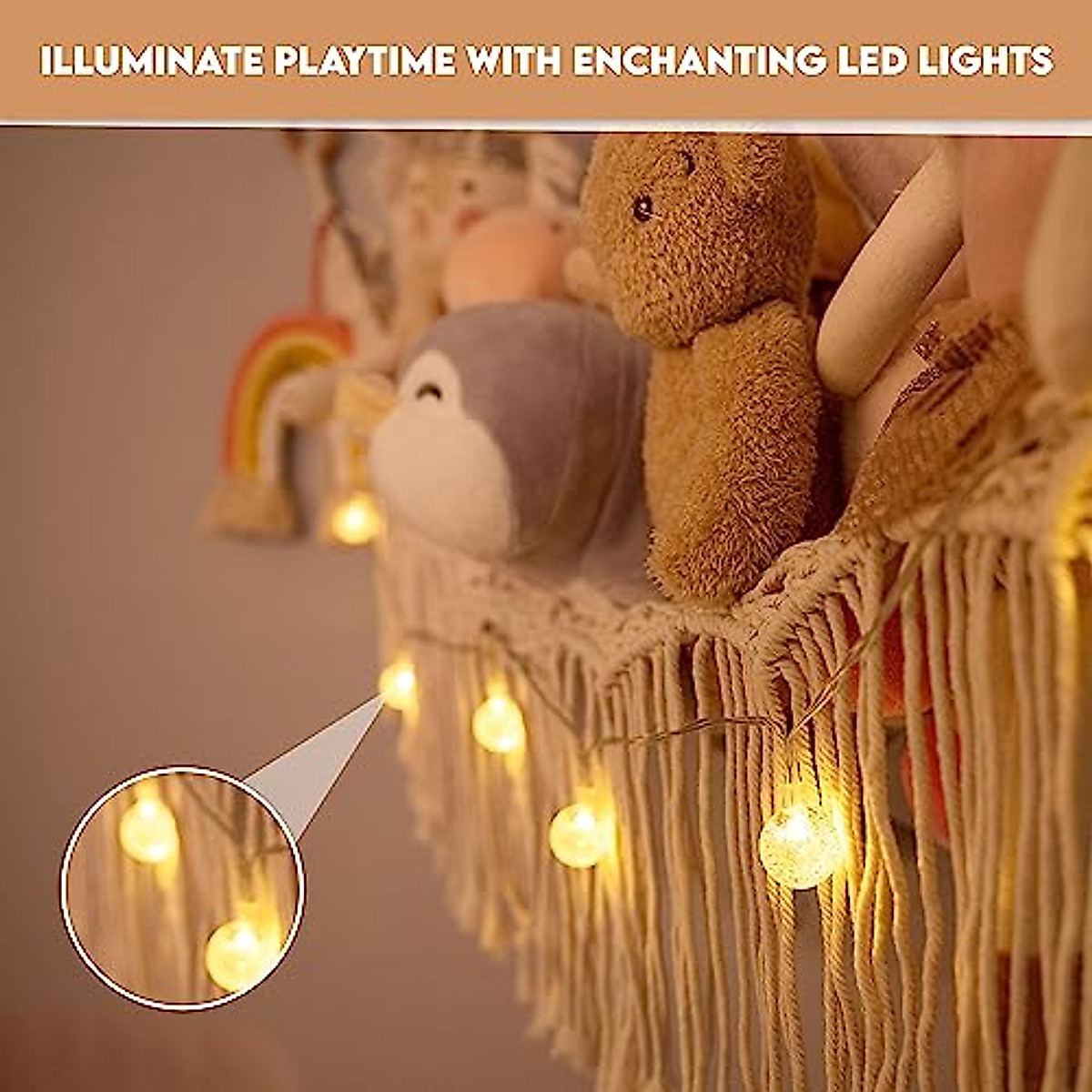 Luna Village Stuffed Animal Hammock, Stuffed Animal Organizer, Plush Toys Net Holder with 2 Macrame rainbows Macrame Toy Hammock, Stuffed Animal Net or Hammock, Stuffed animal net