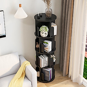 oneinmil 360°Rotating Bookshelf, Small Corner Bookcase with a Small Footprint, 4 Tier Standing Bookcase for Kids & Adults, Wood Bookshelf Designed for Bedroom, Living Room, Black