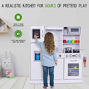 Lil' Jumbl Kids Kitchen Set, Pretend Wooden Play Kitchen, Battery Operated Icemaker, Burners, Faucet & Microwave Makes Realistic Sound & Light, Pots & Pan Included - White