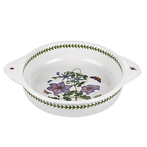 Portmeirion Botanic Garden Round Baking Dish with Handles | 10 Inch Baking Dish with Clematis Motif | Made from Porcelain | Dishwasher and Microwave Safe