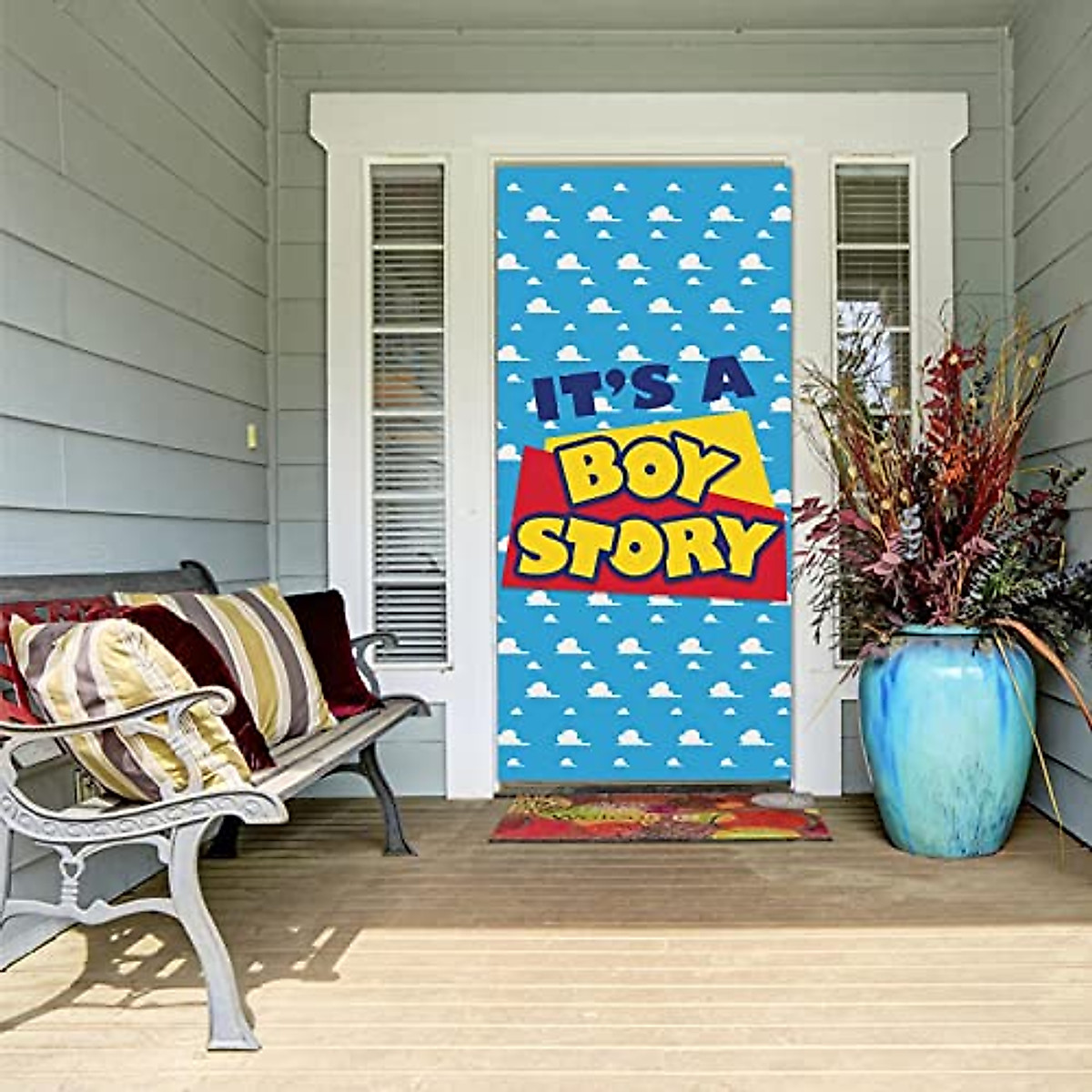 ZDX It's a Boy Story Door Banner 72.8x35.4in Blue Sky White Clouds Kids Baby Shower Decor Background Banner