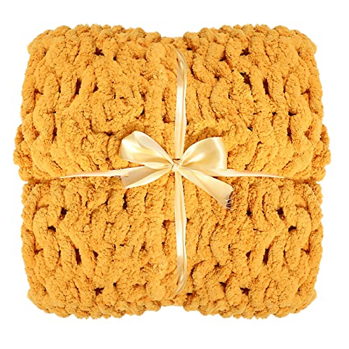 Chunky Knit Blanket Throw 40 x 60 Inch Handmade Chenille Cable Knit Throw Blanket Soft Chenille Yarn Knitted Throw for Bed Sofa Home Decor Chair Couch Pet Mat, Machine Washable (Yellow)