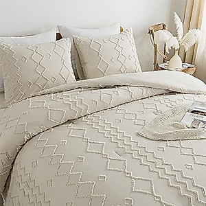 Andency Beige Tufted Comforter Set King(104x90Inch), 3 Pieces(1 Boho Comforter, 2 Pillowcases) Textured Farmhouse Comforter, Soft Microfiber Down Alternative Geometric Comforter Bedding Set