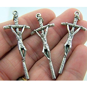 Silver Toned Base Papal Cross Crucifix Pendant for Prayer Rosary, Lot of 3, 1 1/2 Inch